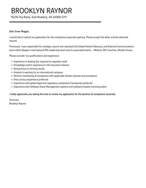 Compliance Associate Cover Letter Velvet Jobs
