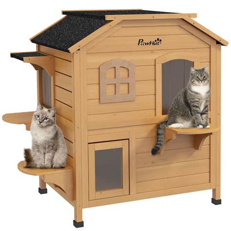 Pawhut Fir Wood 2 Story Outdoor Cat House Wooden Feral Cat Shelter