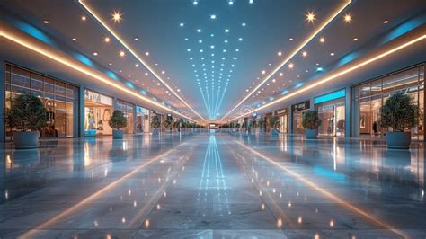 Modern Shopping Mall Interior With Bright Lighting And Shops Stock