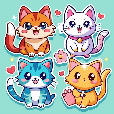 Cute Cartoon Cats With Big Eyes Stickers Premium Ai Generated Vector