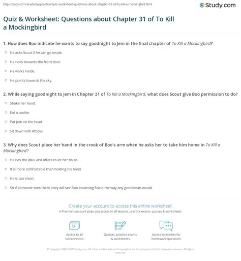 Quiz And Worksheet Questions About Chapter 31 Of To Kill A Mockingbird
