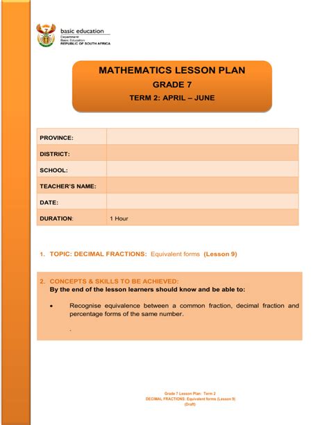 Grade 7 Math Lesson Plan Decimal Fractions And Equivalents