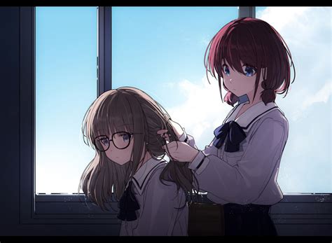 Safebooru 2girls Black Framed Eyewear Blue Bow Blue Bowtie Blue Eyes