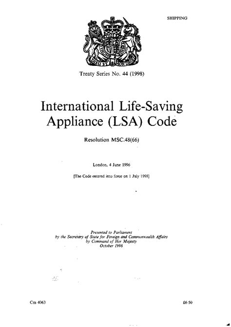 Lsa Code Lsa Code Shipping Treaty Series No 44 1998 International Life Saving Appliance