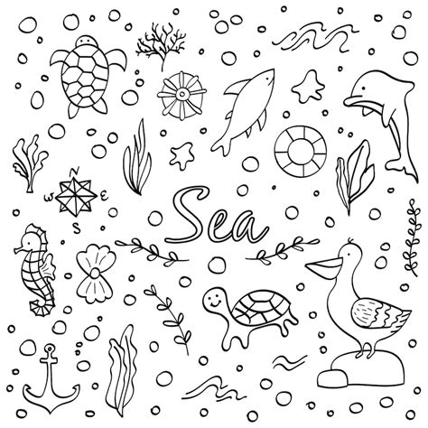 Premium Vector Coloring Page Set Of Hand Drawn Sea Animals Vector