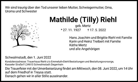 Traueranzeigen Von Mathilde Riehl Trauer Hna De