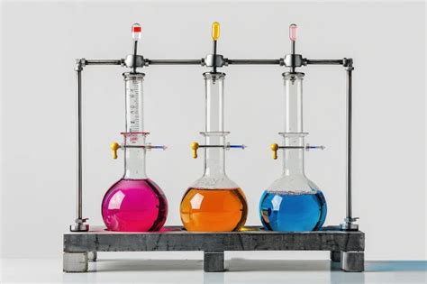 Colorful Chemical Experiment With Vibrant Solutions In Glass Flasks On