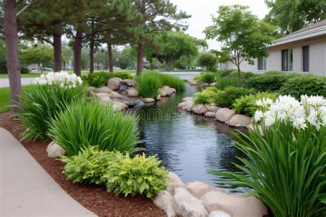 Artificial Stream Flowing Near Retirement Home Building With Blooming