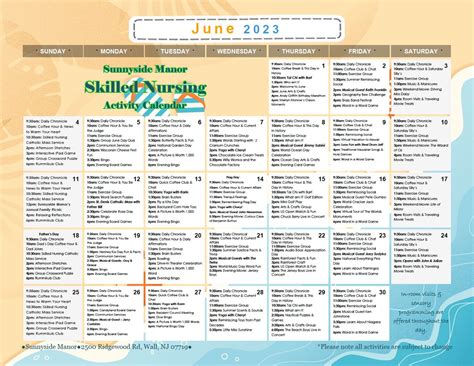 Calendar Wall Nj Skilled Nursing Sunnyside Manor