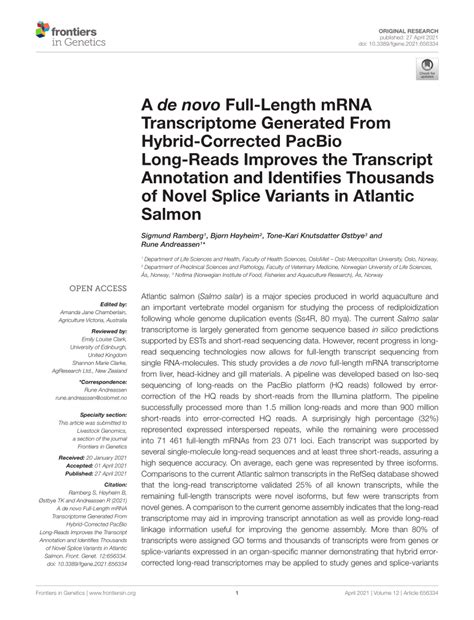 Pdf A De Novo Full Length Mrna Transcriptome Generated From Hybrid Corrected Pacbio Long Reads