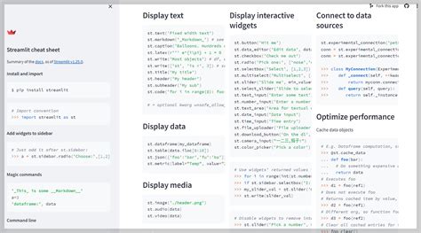 파이썬 Streamlit 의 Cheat Sheet Display Data Connect To Data Sources