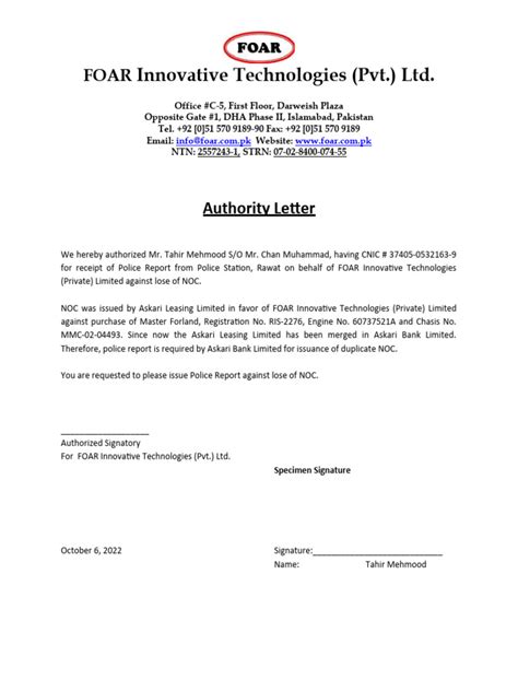 Authority Letter Tahir Mehmood Polce Station Pdf Business