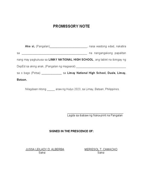 Simple Promissory Note With No Conditions Tagalog Pdf