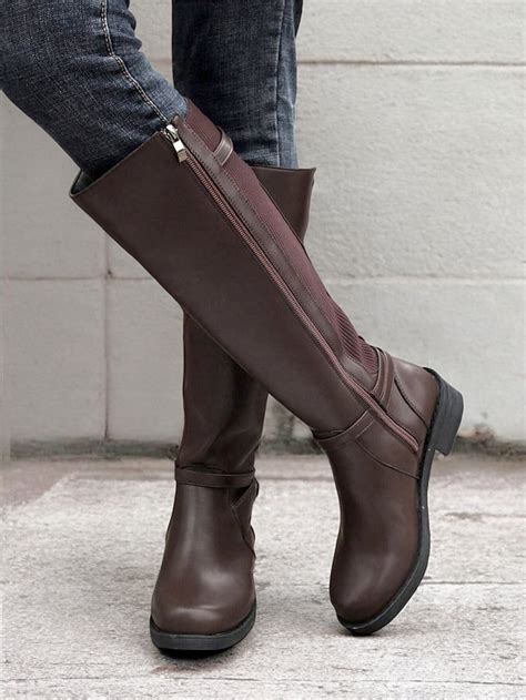Womens Brown Knee High Riding Boots With Buckle Detail And Side Zipper