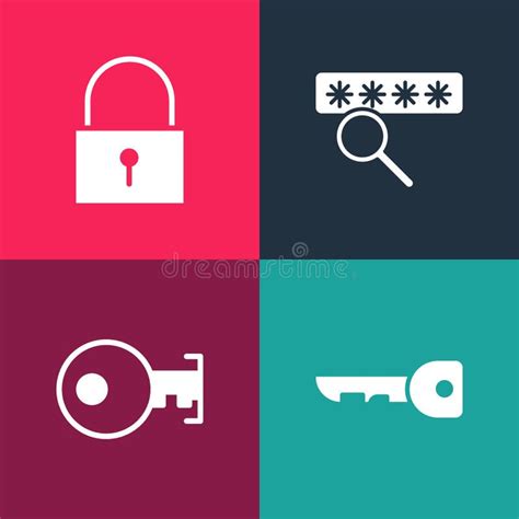 Set Pop Art Key Password Protection And Lock Icon Vector Stock