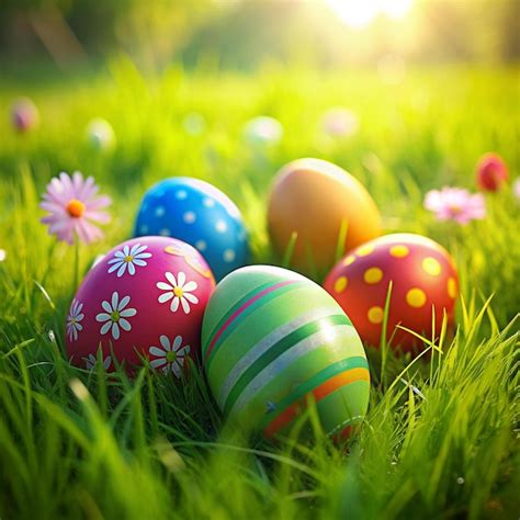 Premium Photo Easter Eggs In The Grass With Flowers In The Background