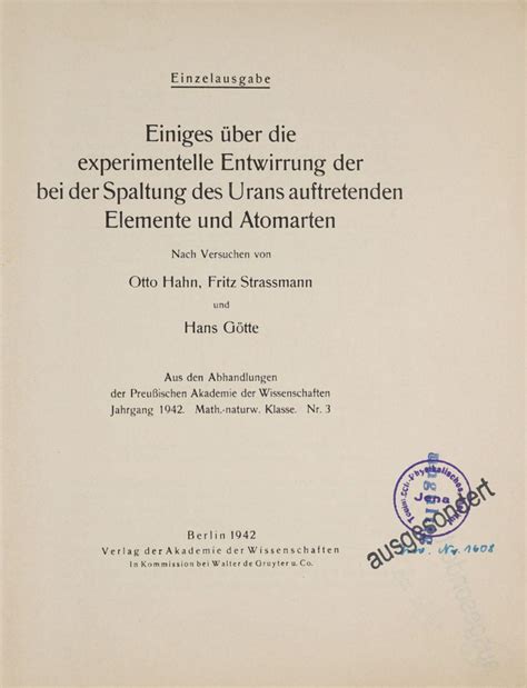 At Auction Physik Kernspaltung Hahn Fritz Strassmann U Hans Götte Otto Einiges über Die