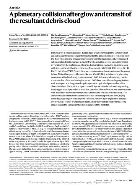 A Planetary Collision Afterglow And Transit Of The Resultant Debris Cloud