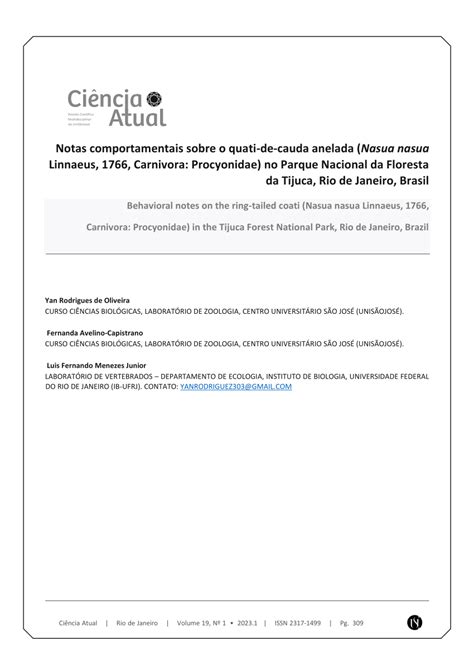 Pdf Notas Comportamentais Sobre O Quati De Cauda Anelada Nasua Nasua Linnaeus 1766