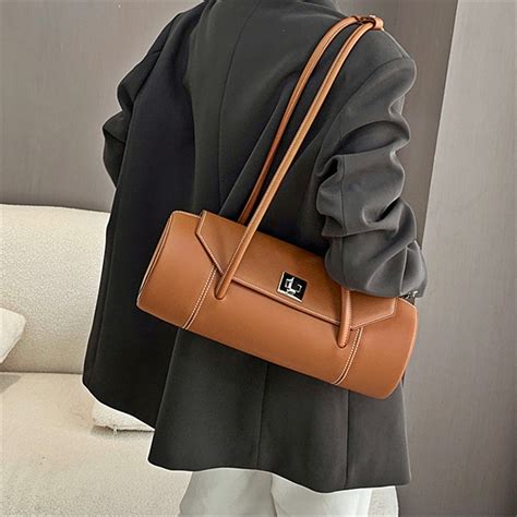 Womens Brown Leather Niche Design Baguette Shoulder Bag Baginning