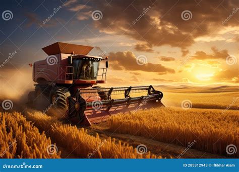 A Tractor Harvesting Wheat Starch In The Sunset On A Royalty Free Cartoon