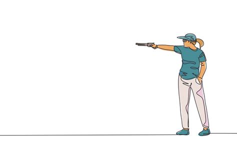 Single Continuous Line Drawing Of Young Athlete Woman Shooter Holding