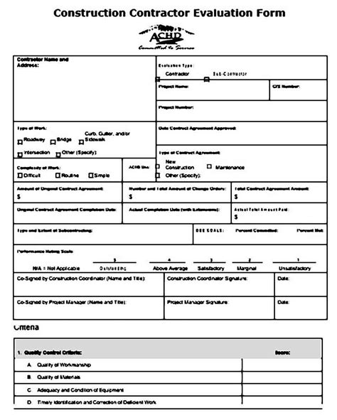 Construction Contractor Evaluation Form Employee Evaluation Form