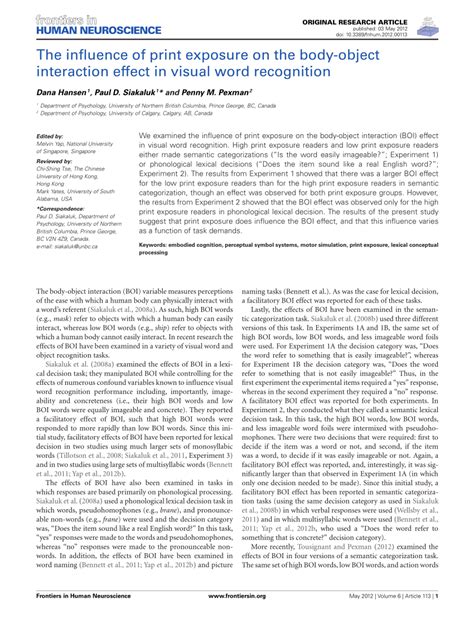 Pdf The Influence Of Print Exposure On The Body Object Interaction