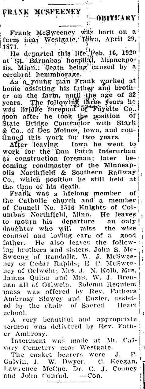 Frank Mcsweeney 1871 1929 Memorial Find A Grave