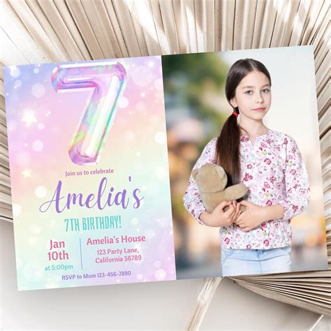 7th Birthday Invitation Photo Girl 7th Birthday Invite Picture Rainbow