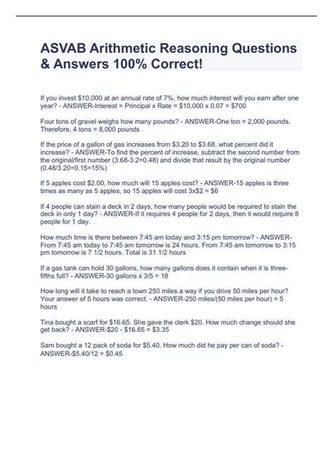 Asvab Arithmetic Reasoning Questions And Answers 100 Correct Asvab Stuvia Us