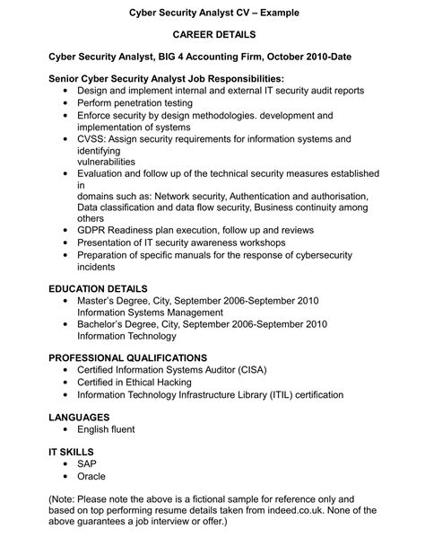 Cyber Security Cv Template Examples Audit Finance Management