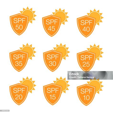 자외선 차단 Spf 자외선 차단제 포장 라벨 아이콘 세트 자외선 차단 화장품 Spf 징후의 다른 수준 태양 보호 방패 간단한 평면 벡터 아이콘 태양 안전 안전한 일광욕