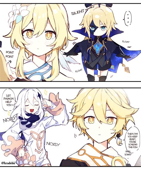 Lumine Paimon Aether And Dainsleif Genshin Impact Drawn By Kradebii Danbooru