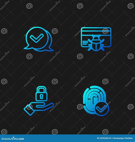 Set Line Fingerprint Lock Hand Check Mark Speech Bubble And System Bug Credit Card Gradient