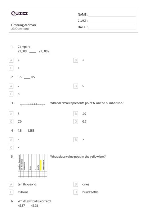 50 Ordering Decimals Worksheets For Kindergarten On Quizizz Free