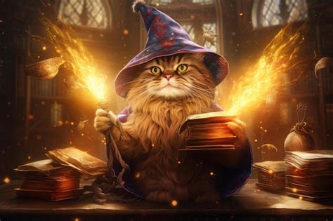 Magical cat wizard casting spells in library | Premium AI-generated image
