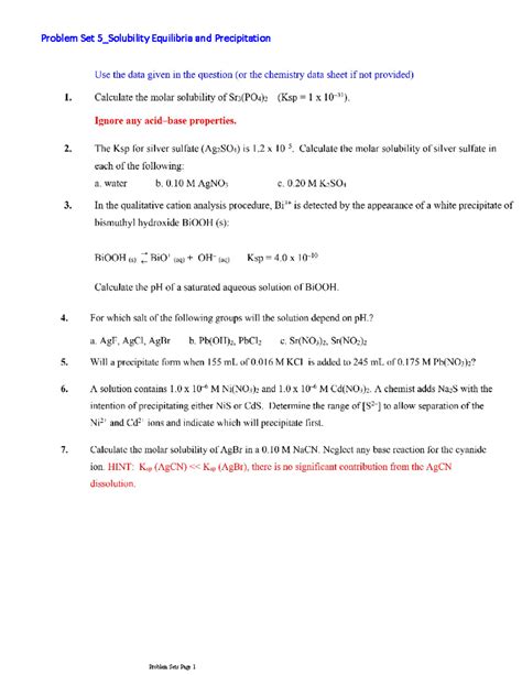 Problem Set 5 Notes Chem261 Problem Set 5solubility Equilibria