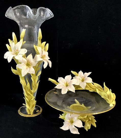 Lot 2pc Vintage Cevik Italy Glass Bowl And Vase Flowers