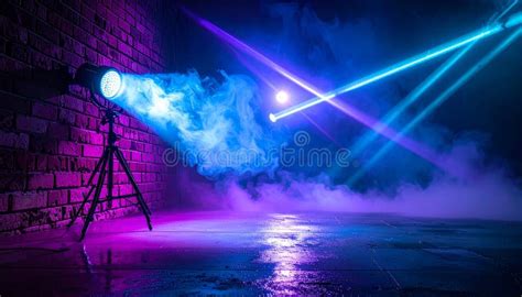 Stage Spotlight Illuminating Brick Wall With Blue And Purple Haze Stage