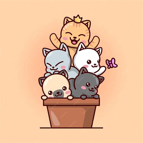 Lindos Gatos Bebés En Un Jarrón Marrón Ilustración Kawaii Vector Premium