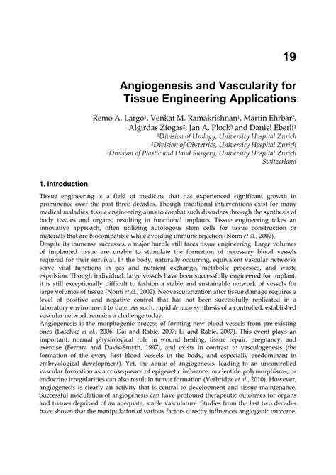 Pdf Angiogenesis And Vascularity For Tissue Engineering Applications