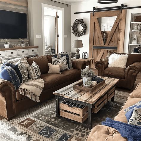 Warm Brown Rustic Living Room With Navy Accents Room Concept Home