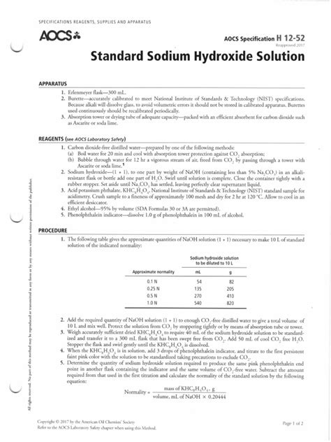 Aocs H 12 52 Standard Sodium Hydroxide Solution Pdf Sodium Hydroxide Sodium