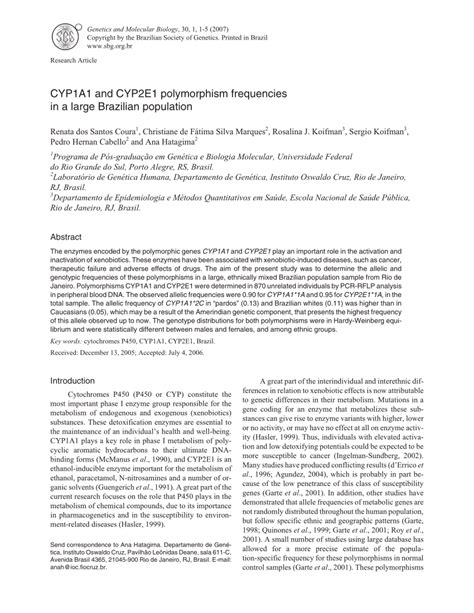Pdf Cyp1a1 And Cyp2e1 Polymorphism Frequencies In A Large Brazilian Population