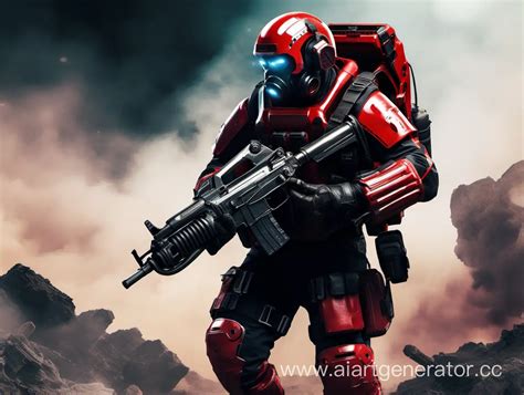 Futuristic Juggernaut Operative In Red And Black Exoskeleton With