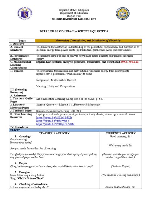 Detailed Lesson Plan Science 9 Pdf Electric Power Distribution
