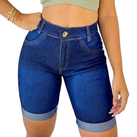 Short Jeans Feminino Pedal Esmaecido Cintura Alta Botão Dourado Zíper
