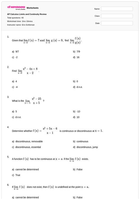 50 Limits And Continuity Worksheets On Wayground Free And Printable