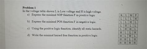 Solved Problem In The Voltage Table Shown L Is Low Voltage Chegg
